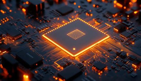Closeup Of A Glowing Microprocessor On A Circuit Board At Night
