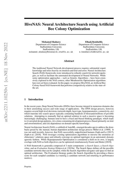 Hivenas Neural Architecture Search Using Artificial Bee Colony Optimization Deepai