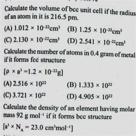 Calculate The Volume Of Bcc Unit Cell If The Radius Of An Atom In It Is