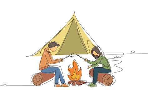 Premium Vector Continuous One Line Drawing Couple Summer Camp Man And