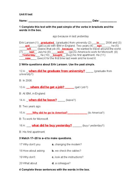 Unit 6 Test Unit 6 Test Name Date 1