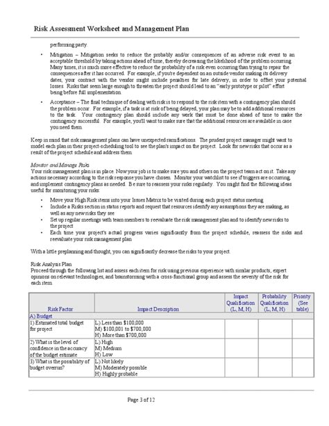 Risk Assessment Worksheet And Management Plan Free Download