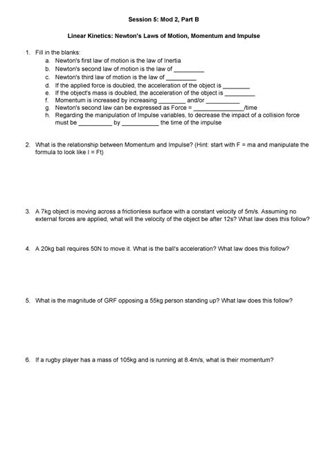 Linear Kinetics Worksheet Session Mod Part B Linear Kinetics Newtons Laws Of Motion