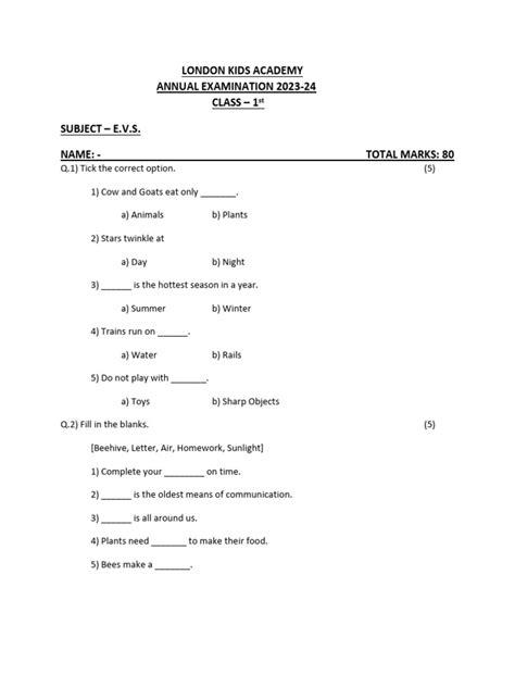 Class 1 Evs Annual Exam Pdf