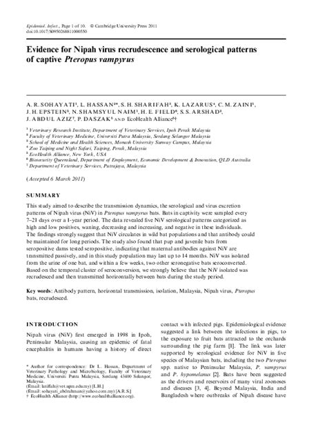 Pdf Risk Factors For Nipah Virus Infection Among Pteropid Bats