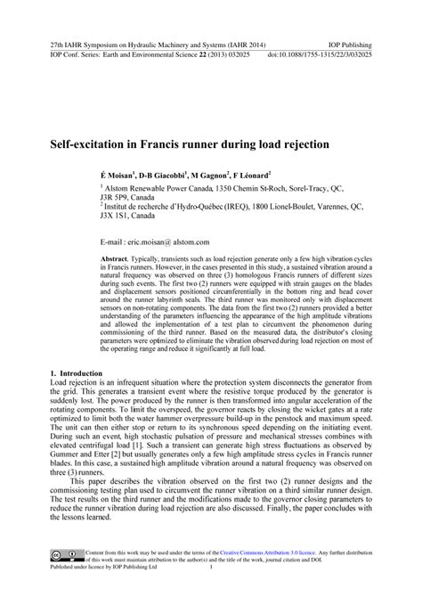 Pdf Self Excitation In Francis Runner During Load Rejection