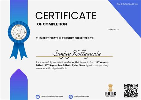 Sanjay K On Linkedin Cybersecurity Internship Prodigyinfotech Learningjourney Certificate