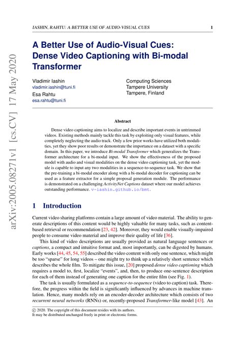 Pdf A Better Use Of Audio Visual Cues Dense Video Captioning With Bi Modal Transformer