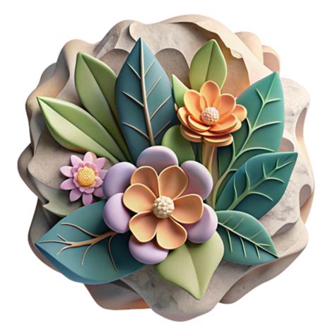 3d Floral Illustration Stone Relief Design Vibrant Flower Bouquet