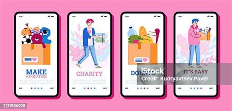 자선 기부 만화 벡터 일러스트 레이 션을위한 온 보딩 스크린 디자인 키트 건강관리와 의술에 대한 스톡 벡터 아트 및 기타 이미지 건강관리와 의술 건설 현장 공동체