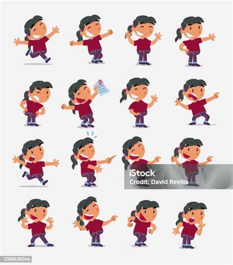만화 캐릭터 흰색 어린 소녀 서로 다른 자세 태도 및 포즈로 설정하여 격리 된 벡터 일러스트레이션에서 다양한 활동을하고 있습니다 가족에 대한 스톡 벡터 아트 및 기타 이미지