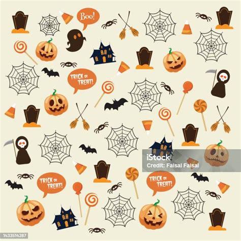 귀여운 호박 유령 박쥐 과자 사신 거미 및 유령의 집 벡터 일러스트레이션이있는 할로윈 패턴 10월에 대한 스톡 벡터 아트 및 기타 이미지 Istock