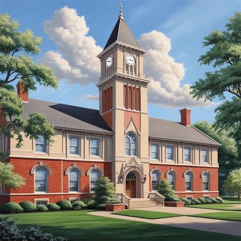 Traditional Red Brick School Building With Clock Tower And Students On