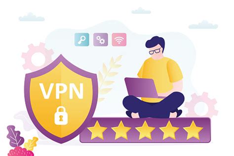 Vpn 서비스 노트북의 개인 데이터를 보호하기 위해 Vpn을 사용하는 청년 가상 사설망 Ip 주소의 위치 변경 서비스 보안 네트워크 연결 Ip 주소에 대한 스톡 벡터 아트