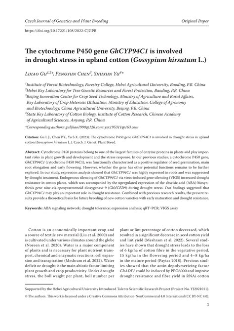 Pdf The Cytochrome P450 Gene Ghcyp94c1 Is Involved In Drought Stress