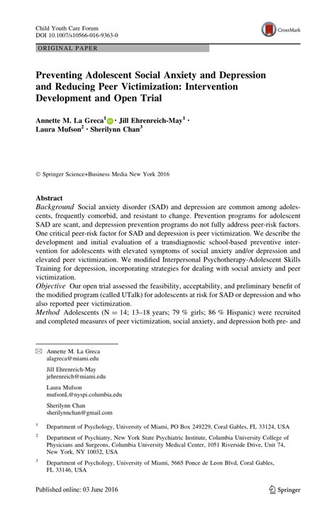 Pdf Preventing Adolescent Social Anxiety And Depression And Reducing