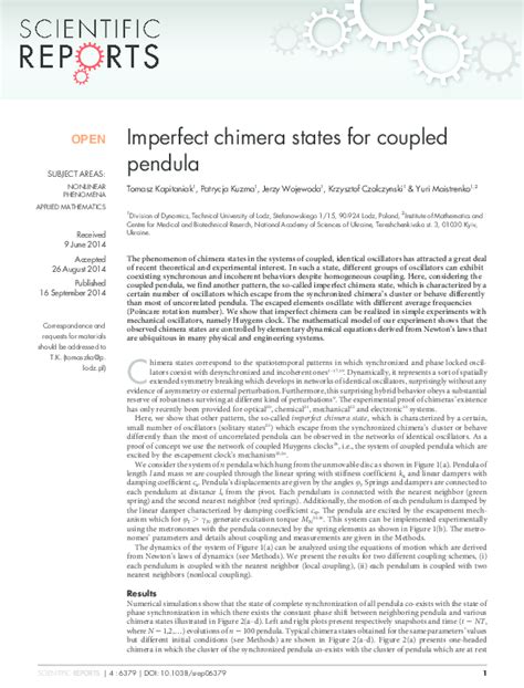 Pdf Imperfect Chimera States For Coupled Pendula Tomasz Kapitaniak