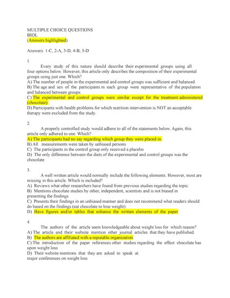 Biol Lab With Answers MULTIPLE CHOICE QUESTIONS BIOL Answers Highlighted Answers C
