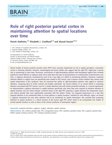 Pdf Role Of Right Posterior Parietal Cortex In Maintaining Attention To Spatial Locations Over