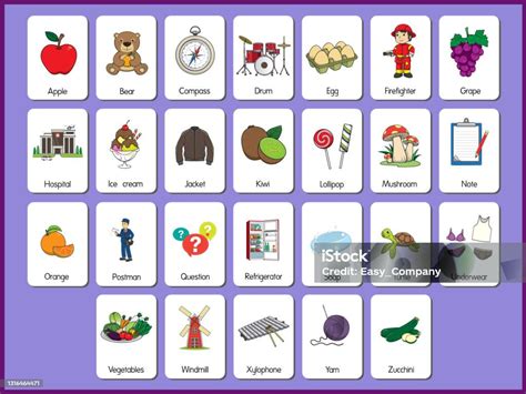 만화의 사진을 설정 대문자와 소문자 모두에서 A에서 Z로 순서대로 영어 문자의 표현 그래서 아이들은 영어로 기본적인 어휘를 배울 수 있습니다 추억에 대한 스톡 벡터 아트 및