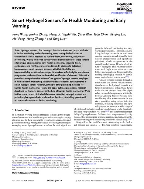 Pdf Smart Hydrogel Sensors For Health Monitoring And Early Warning