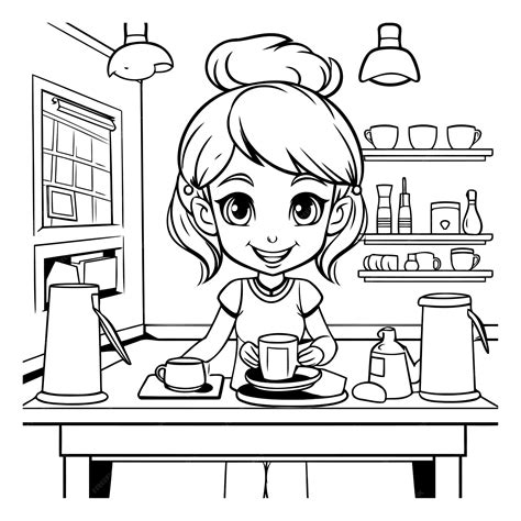 카페에서 커피를 마시는 귀여운 작은 소녀 흑백 터 일러스트레이션 프리미엄 벡터