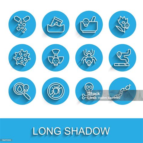 세트 라인 독 돋보기 콜로라도 딱정벌레 독알 뼈와 두개골 뱀 방사성 담배와 유독 거미 아이콘을 중지합니다 벡터 건강 진단에 대한 스톡 벡터 아트 및 기타 이미지 Istock