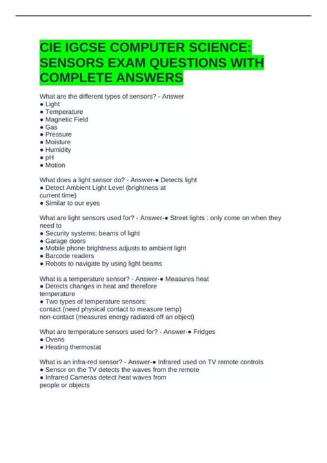 Cie Igcse Computer Science Sensors Exam Questions With Complete