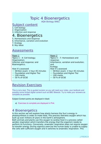 Revision Booklet For Aqa Gcse Biology 8461 Topic 4 Bioenergetics