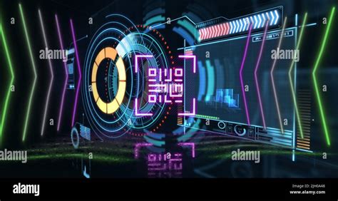 Image Of Neon Qr Code With Lines Over Data Processing And Scope