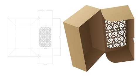 스텐실 고급 패턴 다이 컷 템플릿 및 3d 모형이 있는 판지 접는 상자 프리미엄 벡터