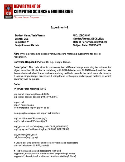 Computer Vision CV LAB EXP COMPUTER SCIENCE ENGINEERING Experiment Student Name Yash