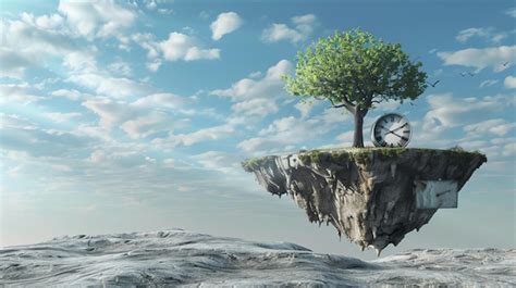 Surreal Landscape With Floating Island Tree And Clock The Island Is Covered In A Lush Green
