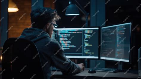 A Programmer Works Late Into The Night Illuminated By A Desk Lamp Diligently Coding On His Dual