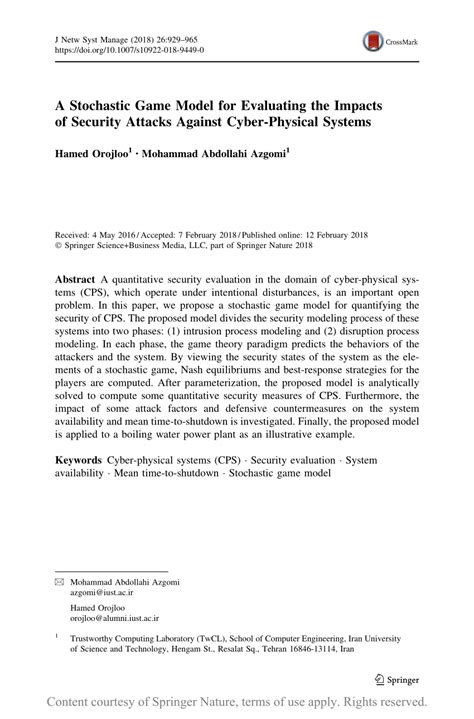 A Stochastic Game Model For Evaluating The Impacts Of Security Attacks Against Cyber Physical