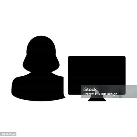 작업자 아이콘 벡터 여성 사람 사용자 컴퓨터 모니터 화면 아바타 문양 그림 기호에서 평면 색상 감독에 대한 스톡 벡터 아트 및