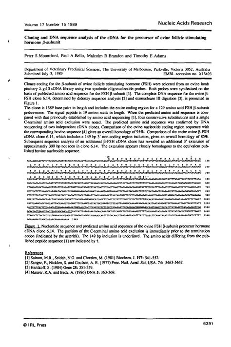 Pdf Cloning And Dna Sequence Analysis Of The Cdna For The Precursor Of Ovine Follicle