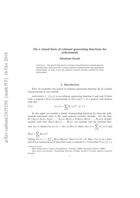 pdf on a closed form of rational generating functions for polynomials