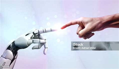 Ai 인간에 의한 인공 지능 창조 로봇과 인간의 손이 만지고 연결되며 인간과 Ai 개념 기계 학습 및 미래 기술 배경과의 단결