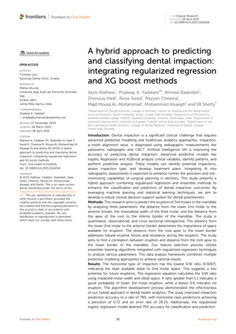 Pdf A Hybrid Approach To Predicting And Classifying Dental Impaction Integrating Regularized