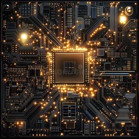 Futuristic Circuit Board Glowing With Data Flowing Through It Stock