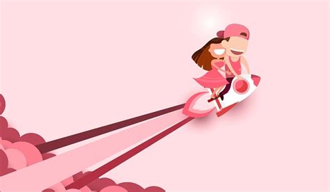 귀여운 만화 결혼식 커플 남녀 카드 드라이브 로켓 발사와 공간으로 클라우드를 통해 연기 시작플랫 디자인입니다 벡터 일러스트 레이