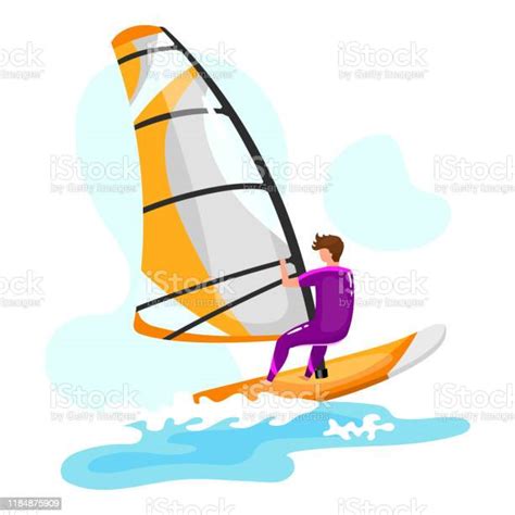 윈드 서핑 플랫 벡터 그림입니다 익스트림 스포츠 경험 여름 야외 재미있는 활동 바다 청록색 파도에 서핑 흰색 배경에 스포츠맨