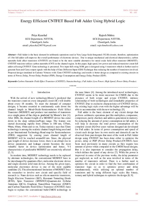 pdf energy efficient cntfet based full adder using hybrid logic