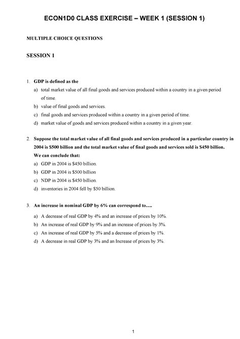 Class Exercise Questions Week 1 2023 Econ1d0 Class Exercise Week 1