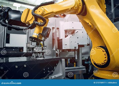 A Robotic Arm With A Gripper And A Drill Attached Working On An Industrial Assembly Line Stock