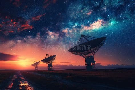 Satellite Dish Array Dedicated To Intercepting Cosmic Signals For Communication Stock