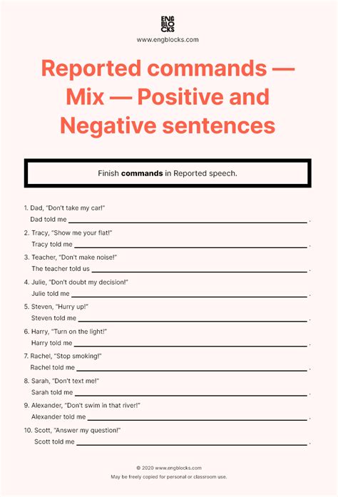 Reported Commands Positive Sentences Worksheet English Grammar Artofit