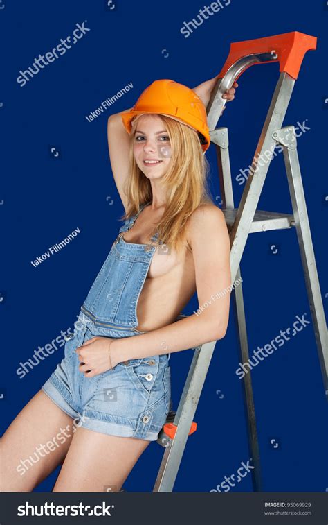 Sexy Female Builder On Scalingladder Over Stock Photo 95069929 Shutterstock