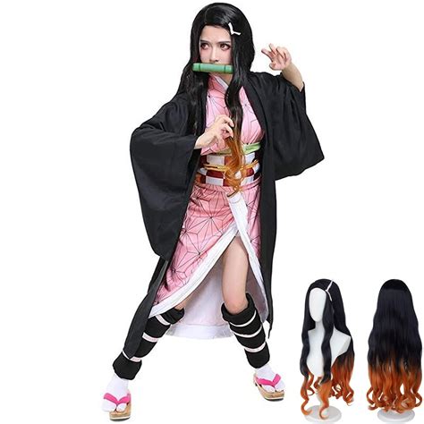 Buy Nezuko Cosplay Costume Set With Wig Demon Slayer Nezuko Wig And Kimono Outfit Uniform Suit